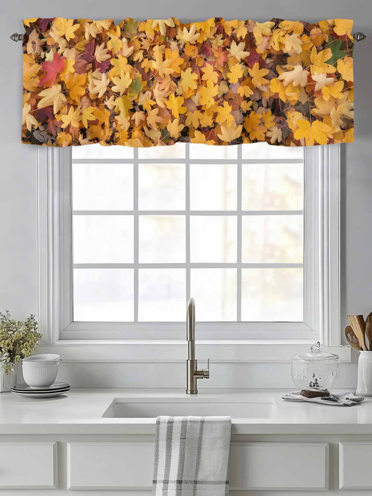 Autumn Maple Leaves Yellow Watercolor Valances for Windows,Kitchen ...