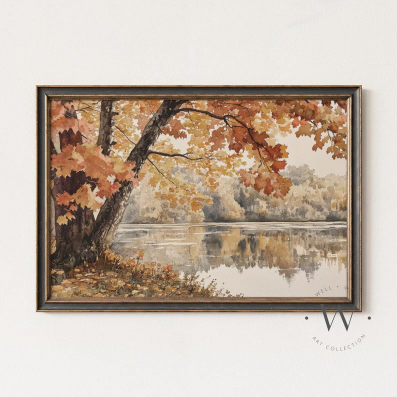 Autumn Maple Tree Print | Vintage Style Fall Landscape | Autumn Lake ...