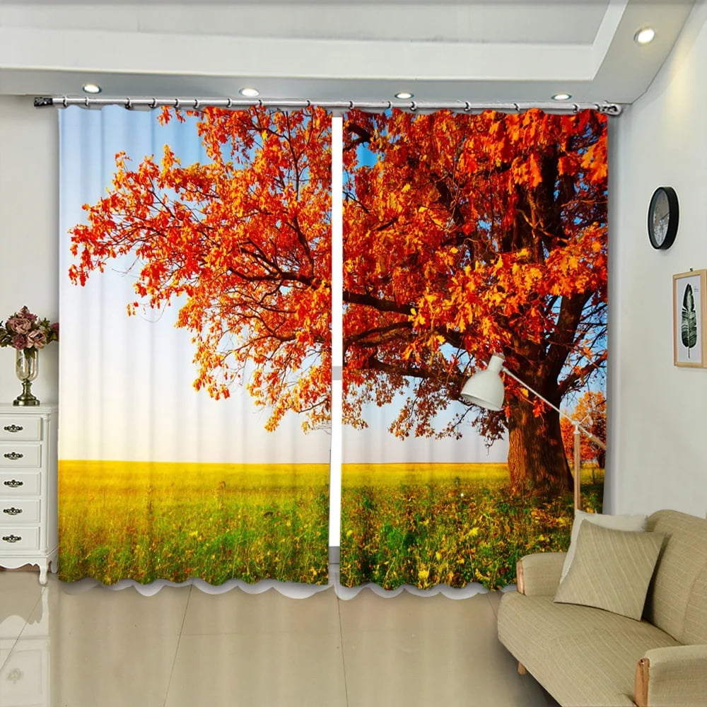 Autumn Maple and Leaf Print Curtain 2 Pieces for Bedroom Living Room ...
