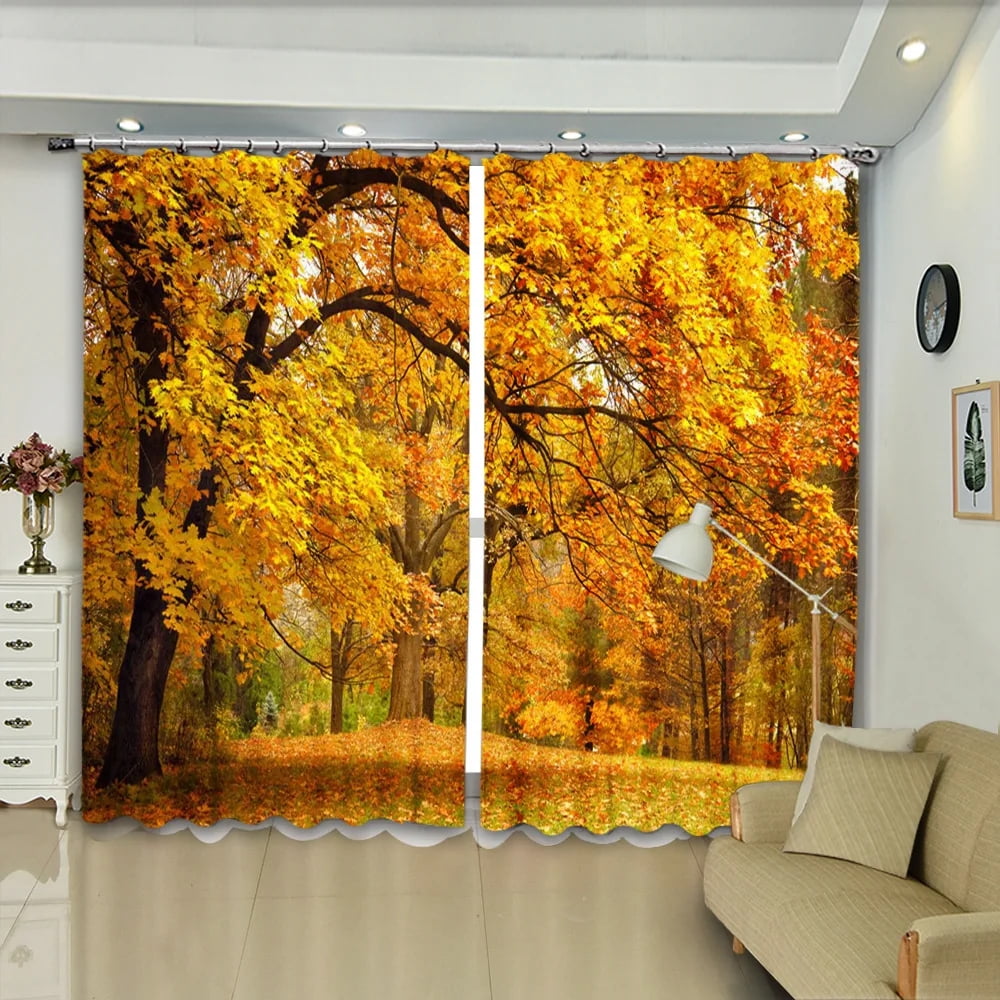 Autumn Maple and Leaf Print Curtain 2 Pieces for Bedroom Living Room ...