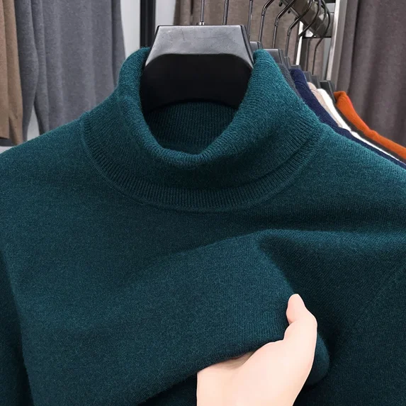 Autumn Mens High Quality Knitted Turtleneck Sweater Slim Fit Long ...