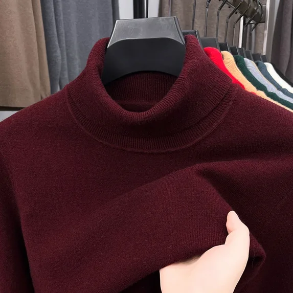 Autumn Mens High Quality Knitted Turtleneck Sweater Slim Fit Long ...
