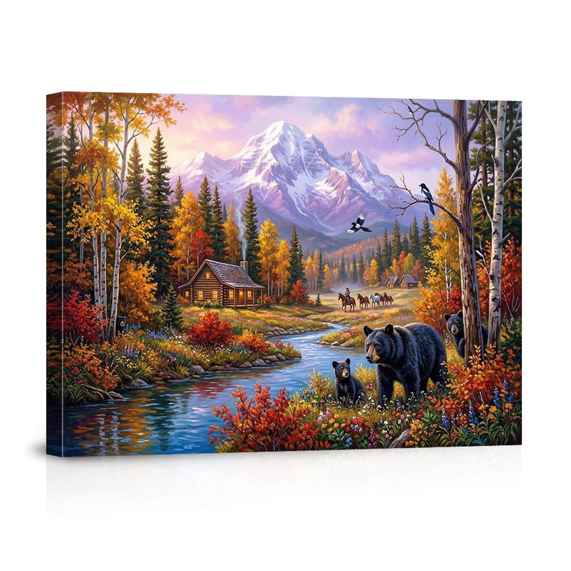 Autumn Mountain Cabin Black Bear Family Rustic Wildlife For Home Living ...