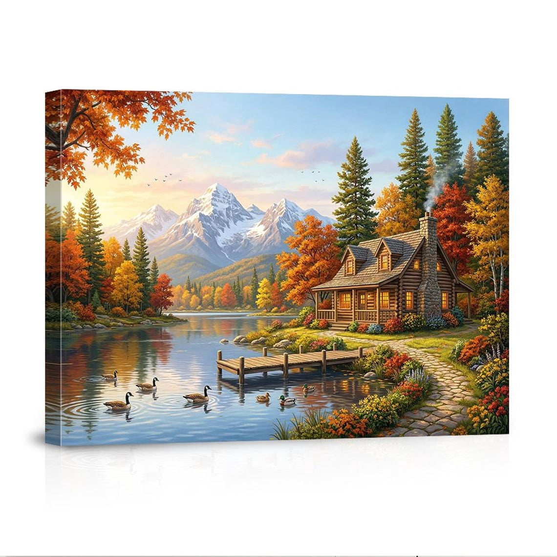 Autumn Mountain Lake Cabin Rustic Fall Ducks For Living Room Bedroom ...