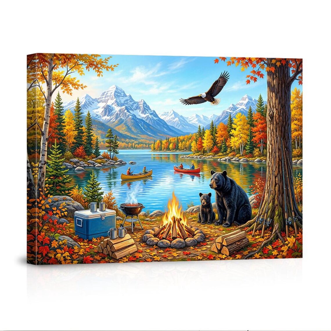Autumn Mountain Lake Camping Bears Rustic Wildlife Fishing For Cabin ...