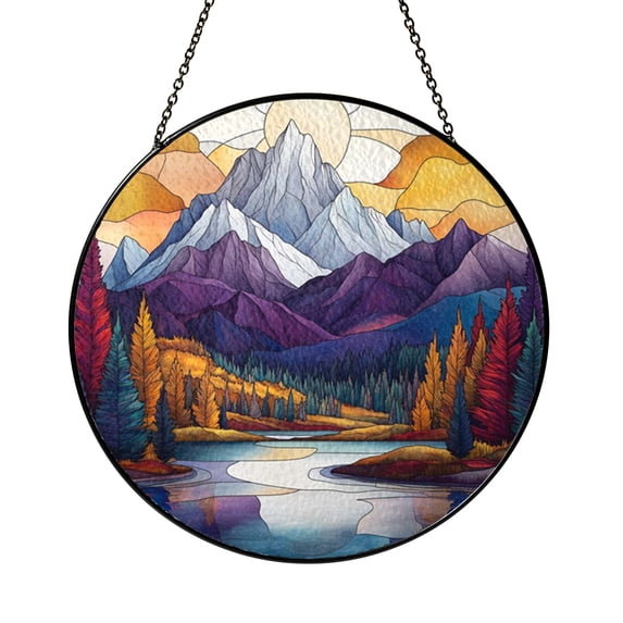 Autumn Mountain Lake Stained Glass Suncatcher, Fall Forest Landscape ...