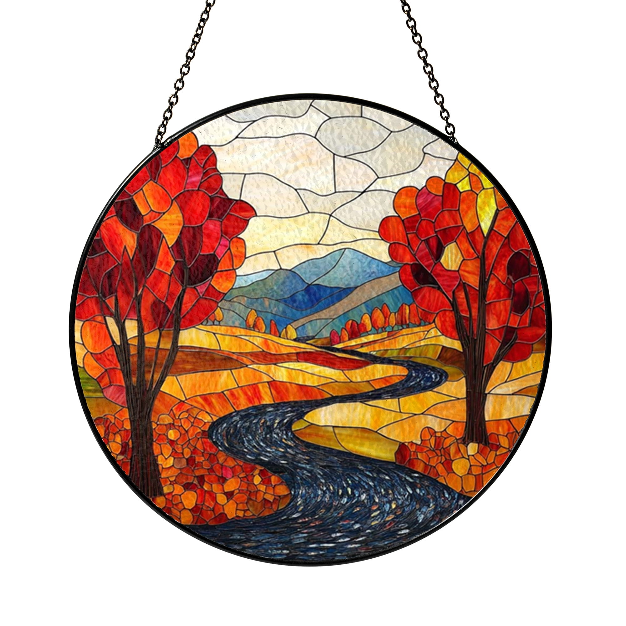 Autumn Mountain Landscape Ceramic Suncatcher – Round Window Hanging for ...