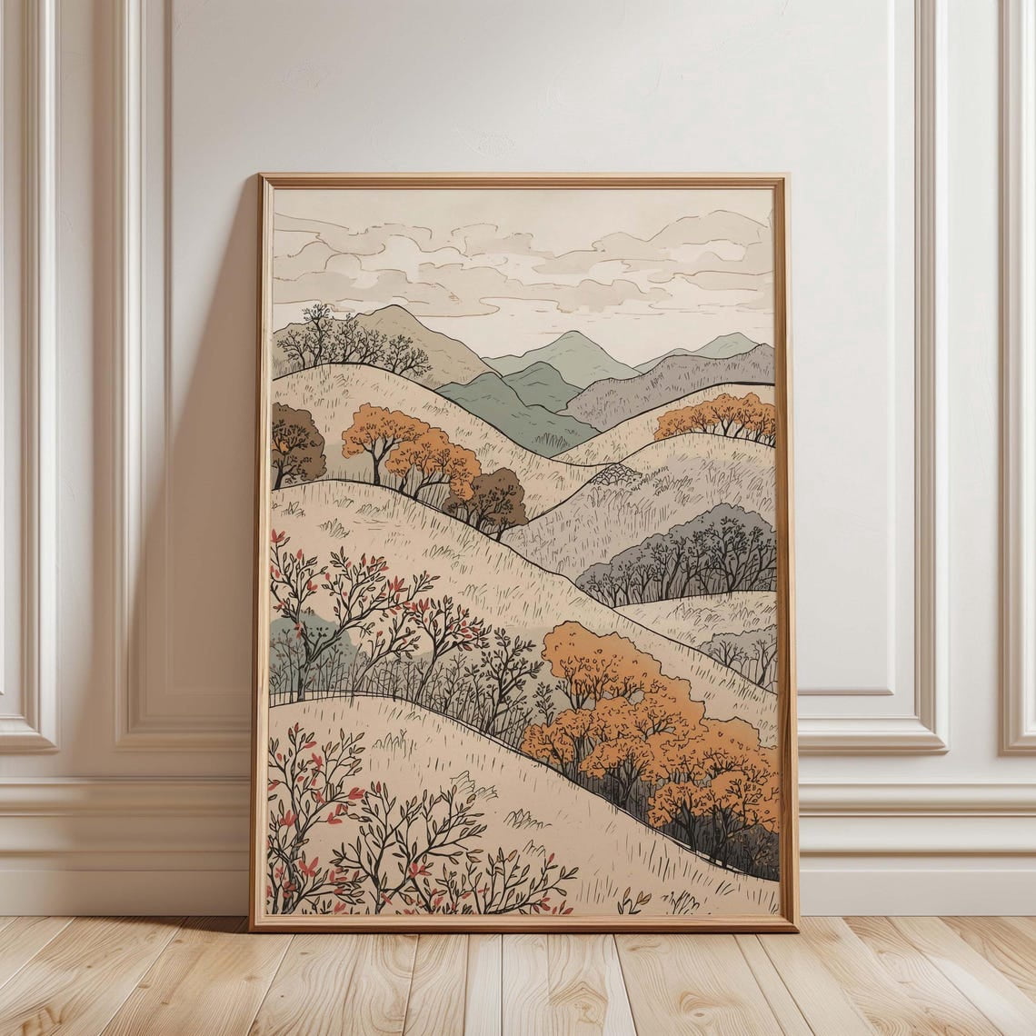 Autumn Mountain Landscape Japanese Wall Art Earth Tone Home Decor ...