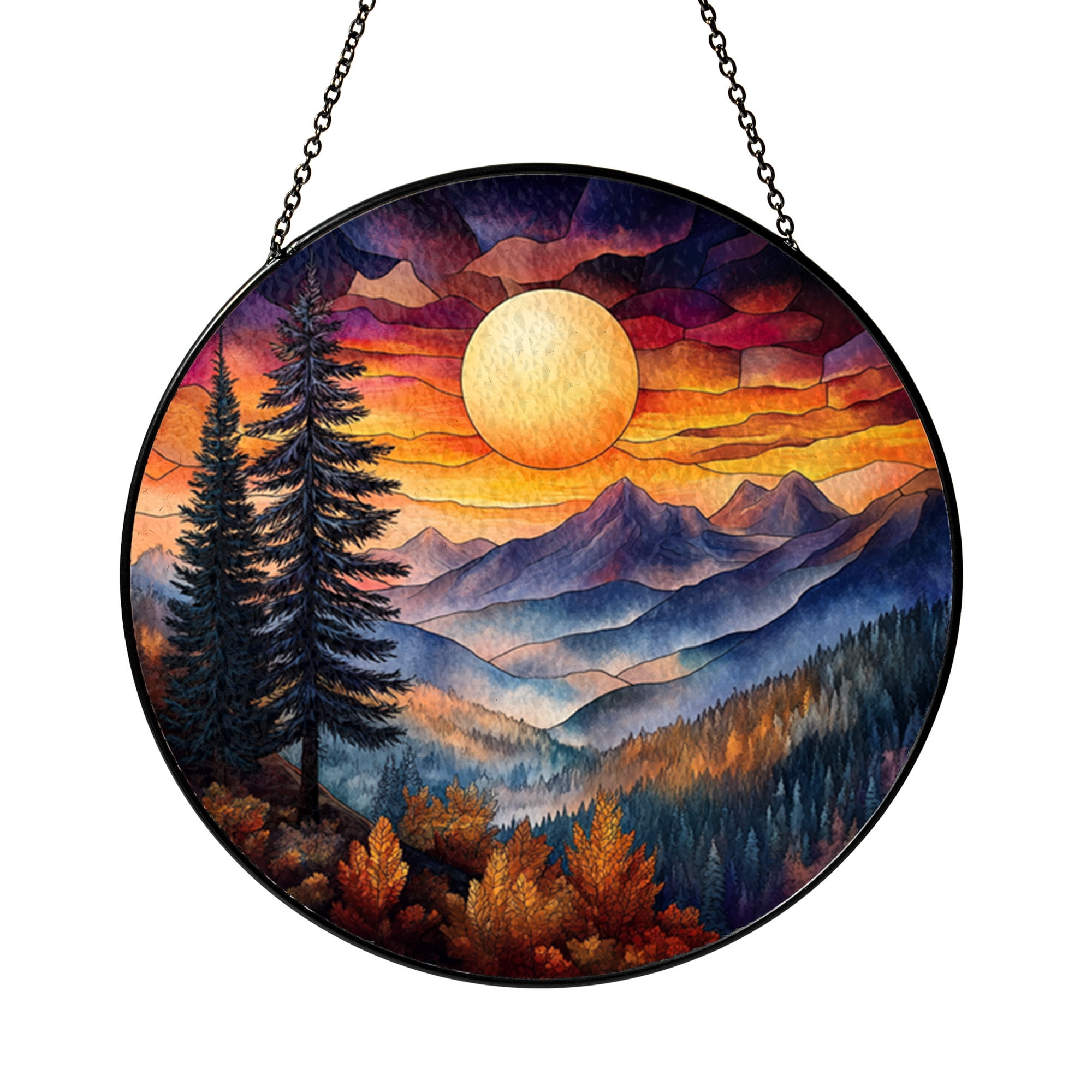 Autumn Mountain Valley Stained Glass Style Suncatcher Window Hanging ...