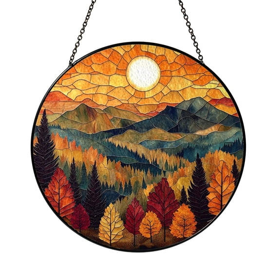 Autumn Mountain Valley Stained Glass Suncatcher, Scenic Window Hanging ...