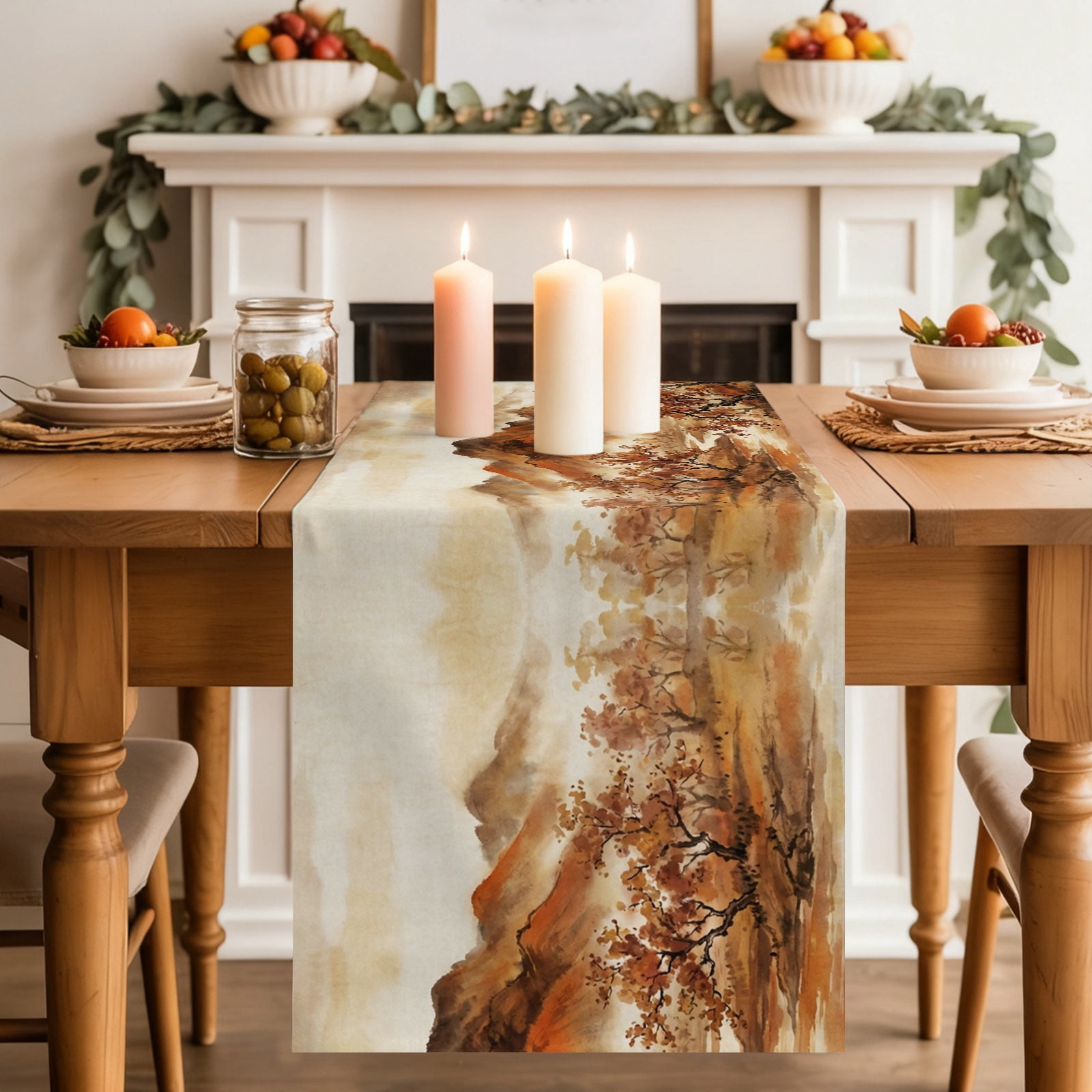 Autumn Mountains Table Runner, Orange Valley River Rustic Traditional ...