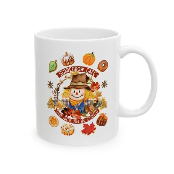 Autumn Mug Farmhouse Scarecrow Cafe Fall Treats Leaves Harvest Coffee ...