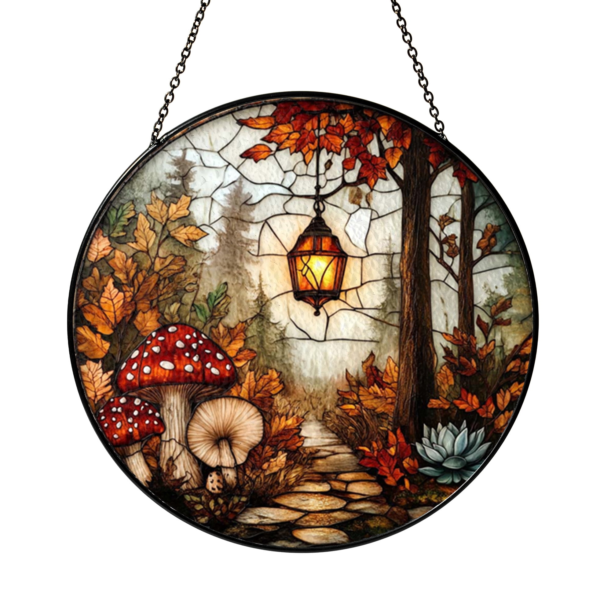 Autumn Mushroom Glass Suncatcher with Lantern Scene, Window Hanging ...