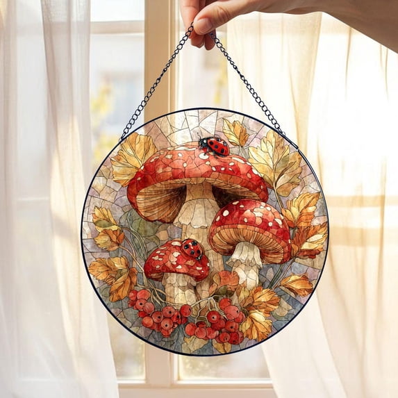 Autumn Mushroom & Ladybug Glass Suncatcher, Woodland Toadstool Forest ...