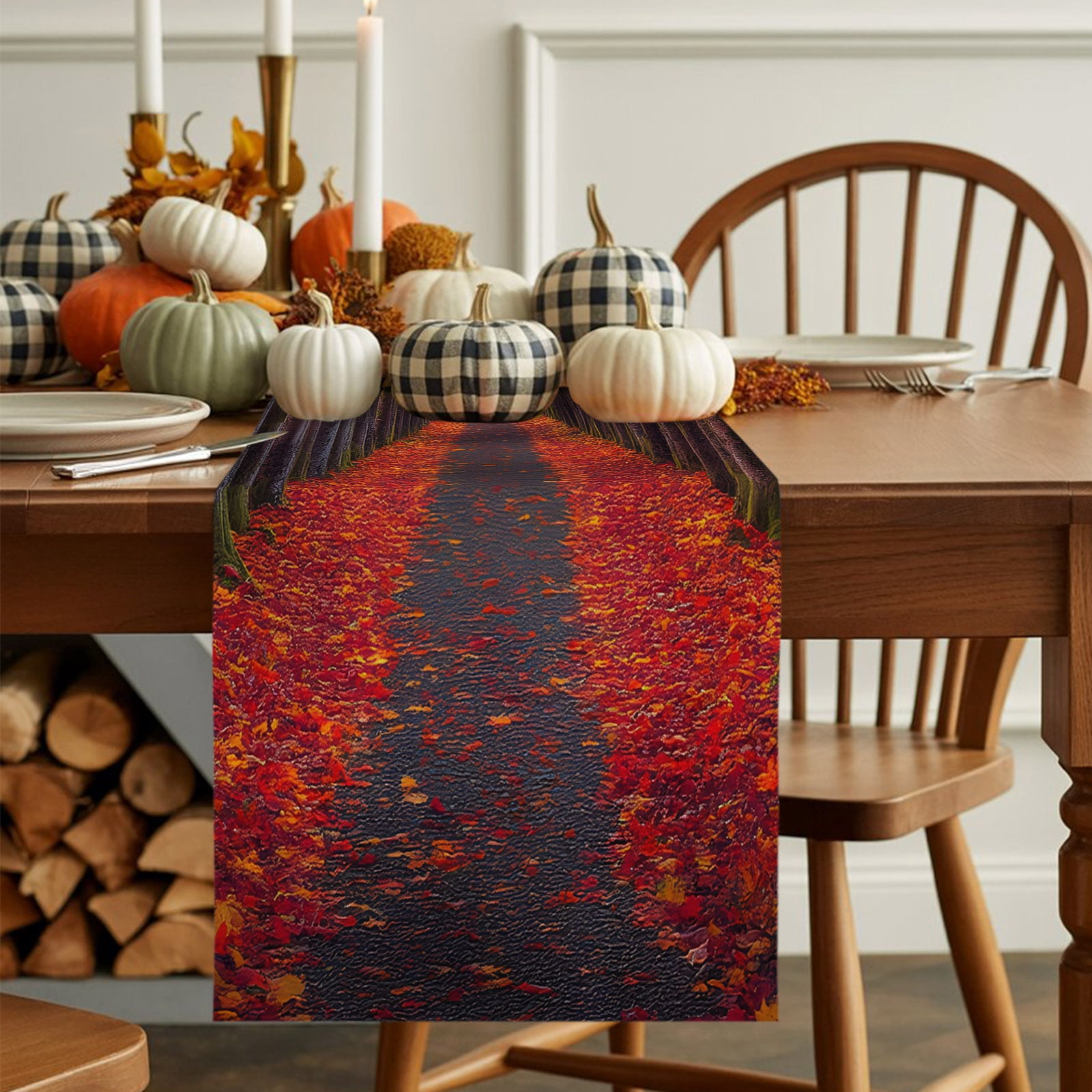 Autumn Natural Path Scenery Table Runner 13x72in Non-Slip Cotton Linen ...