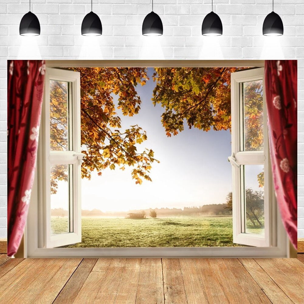 Autumn Natural Scenery Leaves Window Curtain Photography Backdrop Baby ...