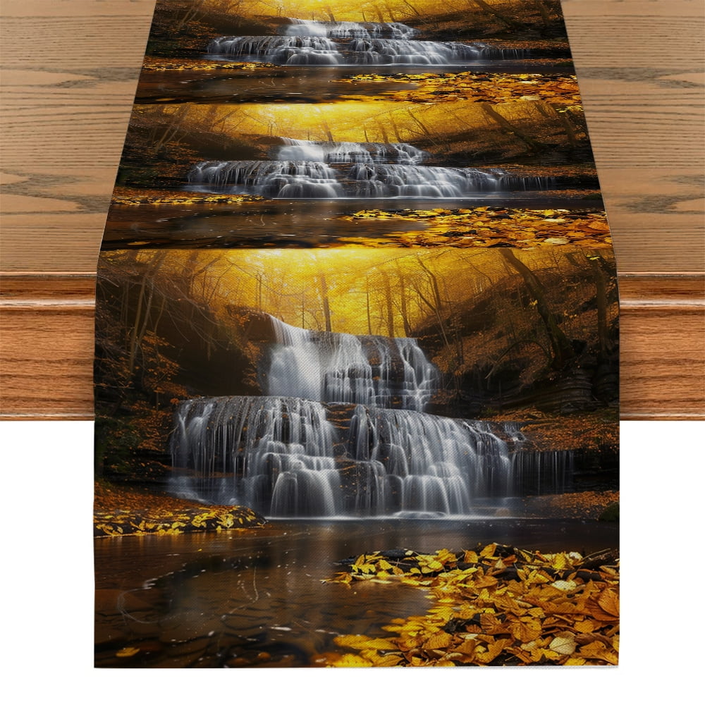 Autumn Natural Scenery Waterfall Table Runners Washable Dresser Dining ...