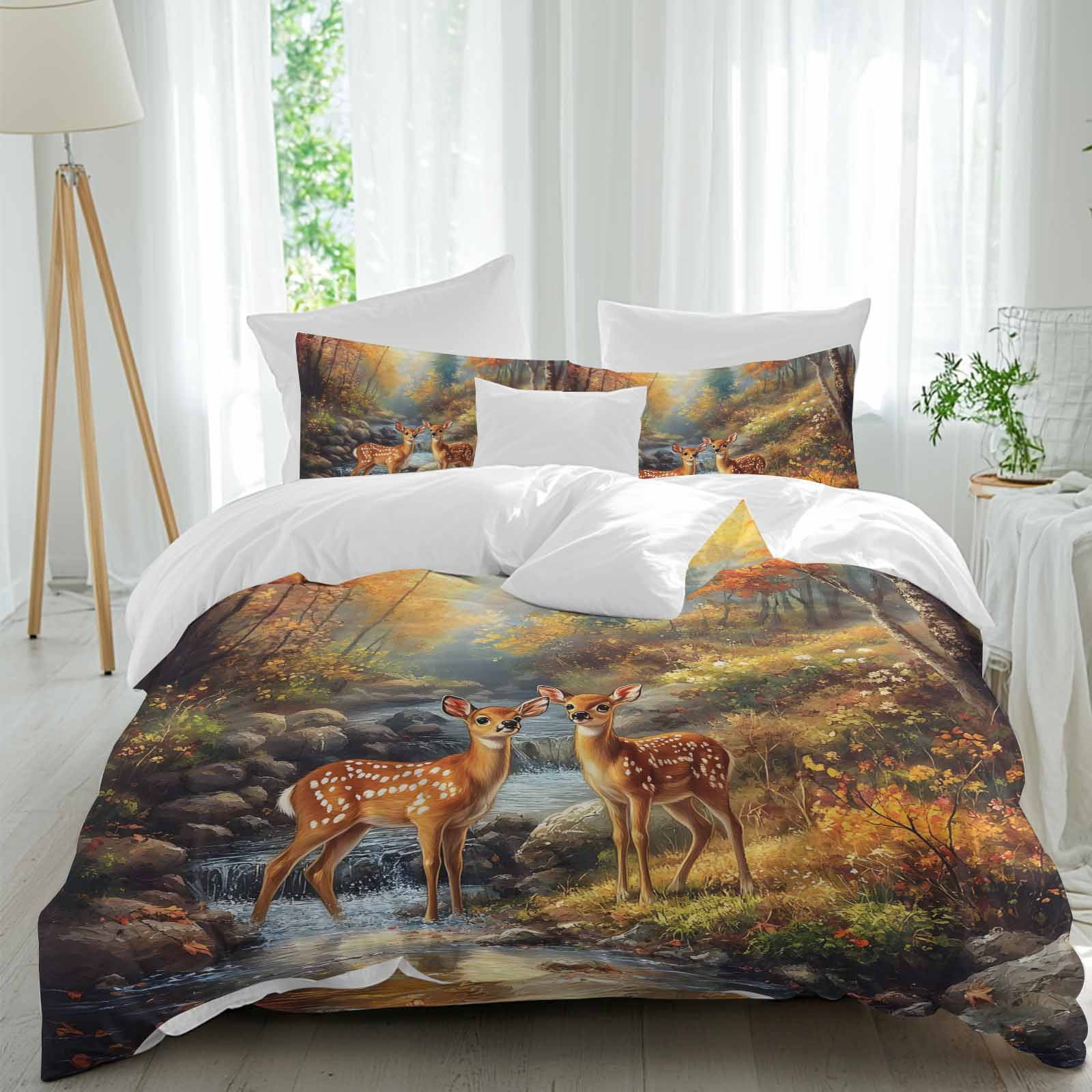 Autumn Nature California King Duvet Cover Set, Scenery Forest Deer ...