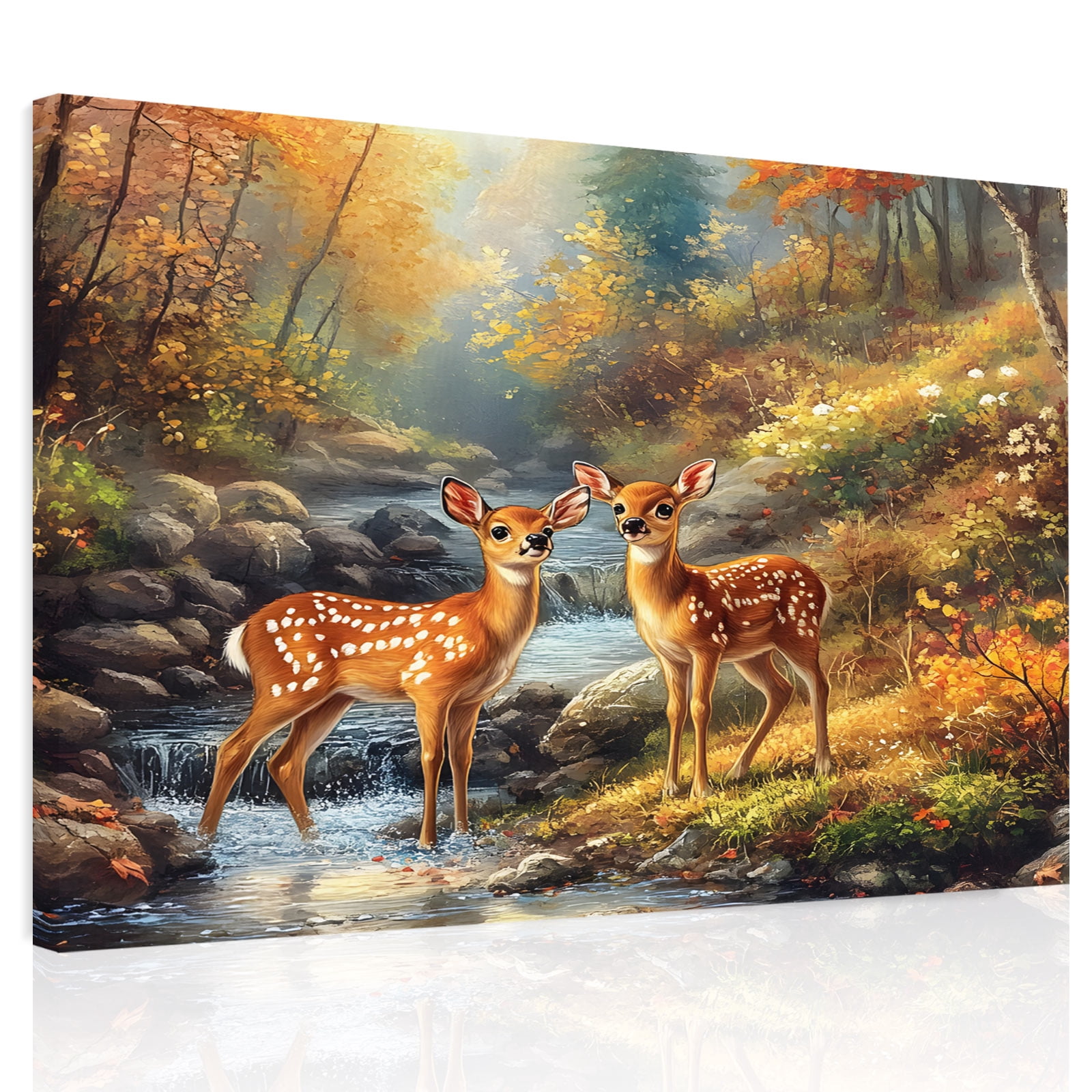 Autumn Nature Canvas Print Wall Art, Scenery Forest Deer River Tree ...