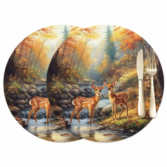 Autumn Nature Leather Placemats Set of 2, 15 Inch, Scenery Forest Deer ...