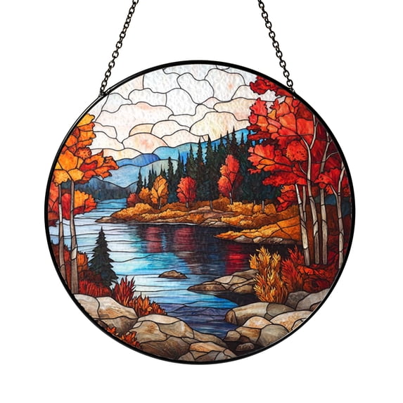 Autumn Ocean Cliff Stained Glass Suncatcher Window Decor, Round Nature ...