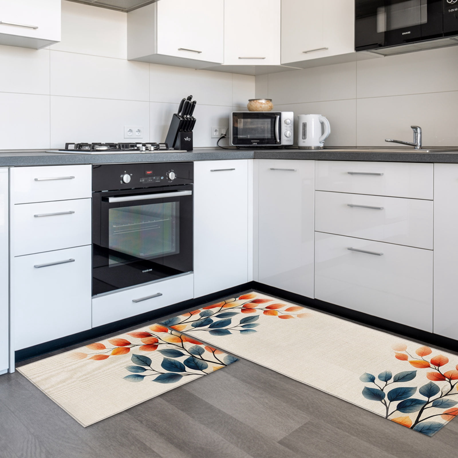 Autumn Orange Blue Leaf 2 Pieces Non-Slip Kitchen Mat Set, Country ...