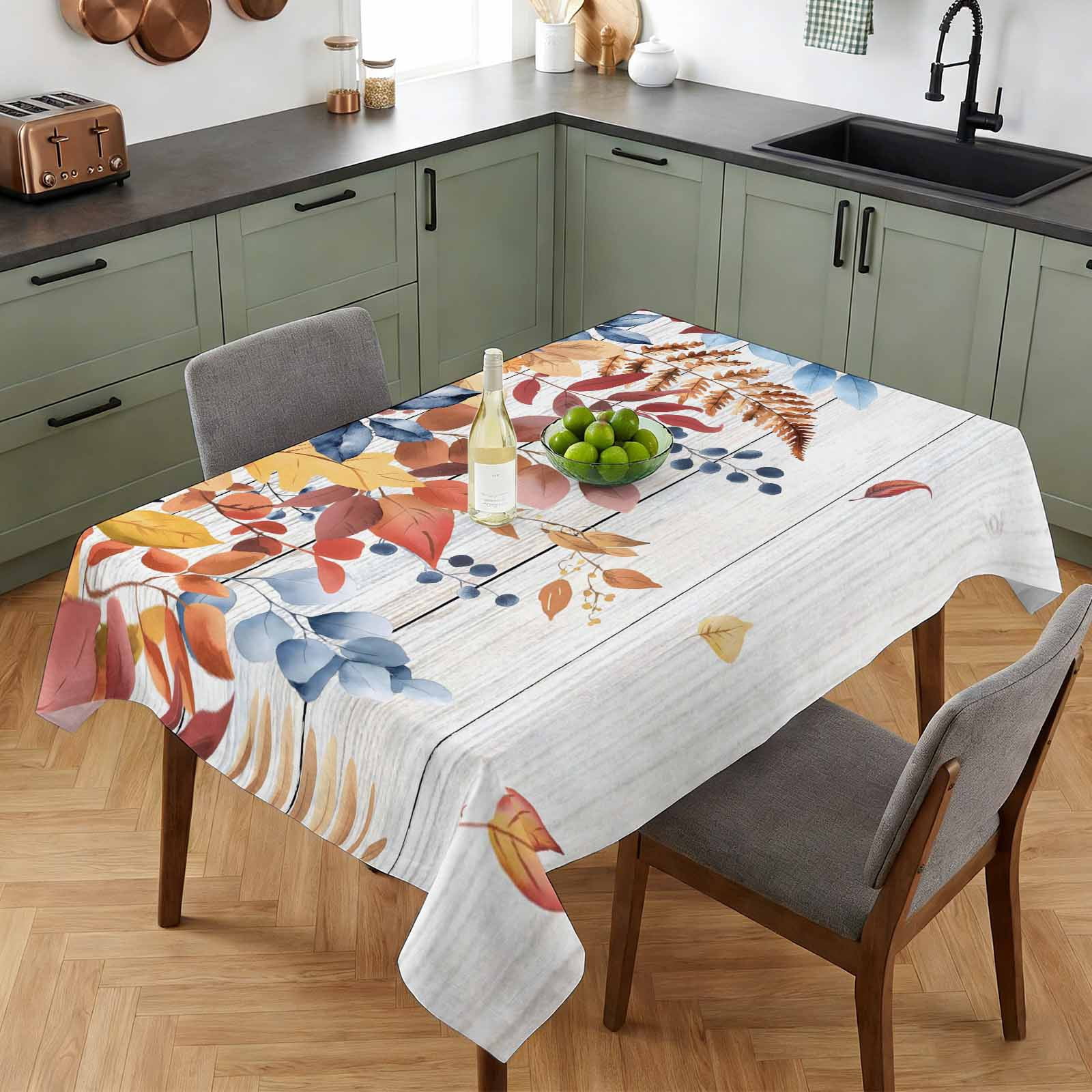 Autumn Orange Blue Leaves Table Cloth 52x70in, Waterproof Rectangle ...
