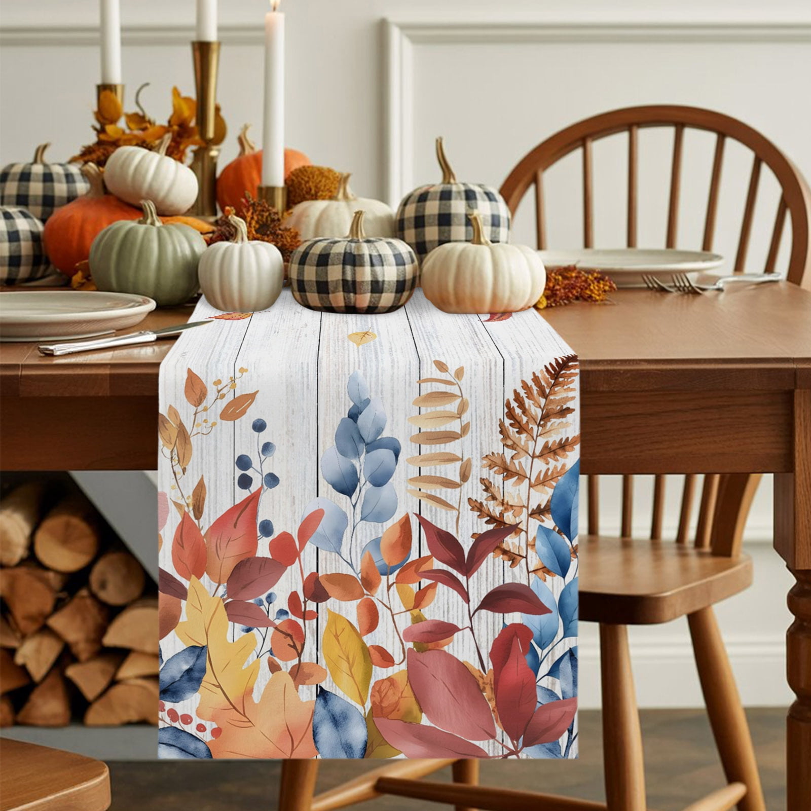 Autumn Orange Blue Leaves Table Runner 13x90in Non-Slip Cotton Linen ...