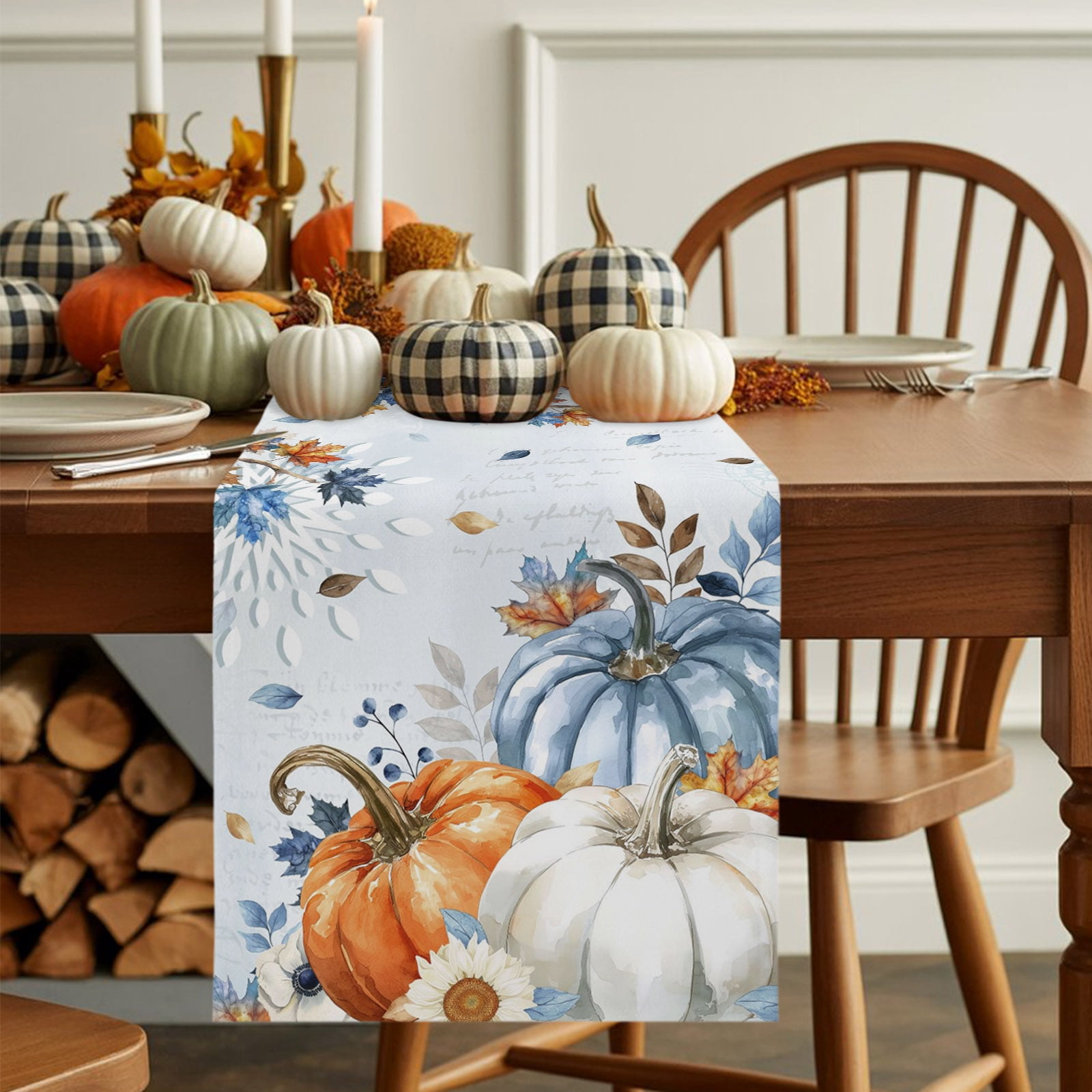 Autumn Orange Blue Pumpkin Floral Table Runner 13x70in Non-Slip Cotton ...