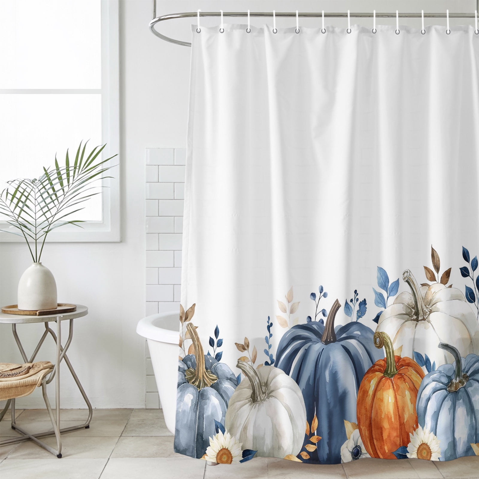 Autumn Orange Blue Pumpkin Flower Shower Curtain Set, Waterproof Shower ...