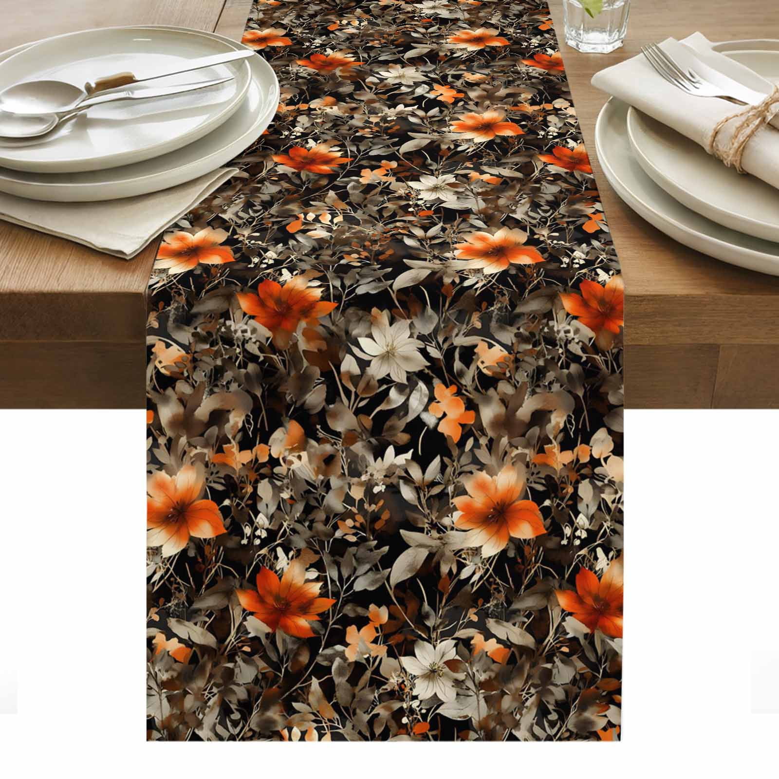 Autumn Orange Floral Table Runner - 60 Inch Long, Kitchen Dining Table ...