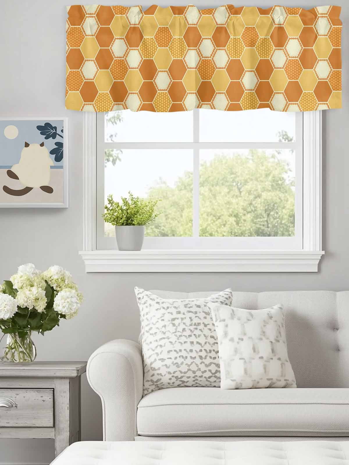 Autumn Orange Grid Hexagon Valances for Windows,Kitchen Valance Rod ...