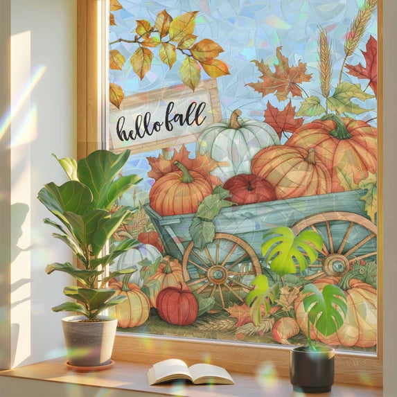 Autumn Orange Leaves Thanksgiving Pumpkin Window Privacy Film, Rainbow ...