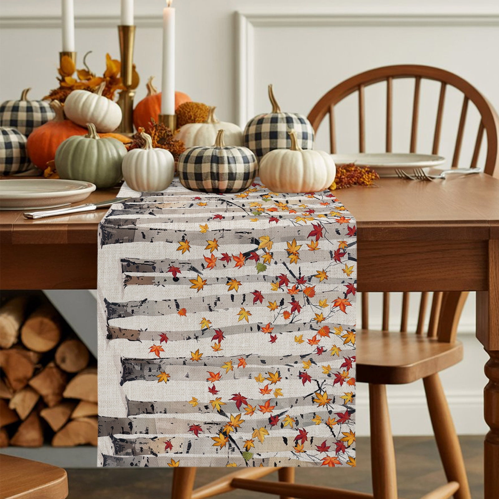Autumn Orange Leaves Watercolor Maple Tree Forest Table Runner 13x90in ...