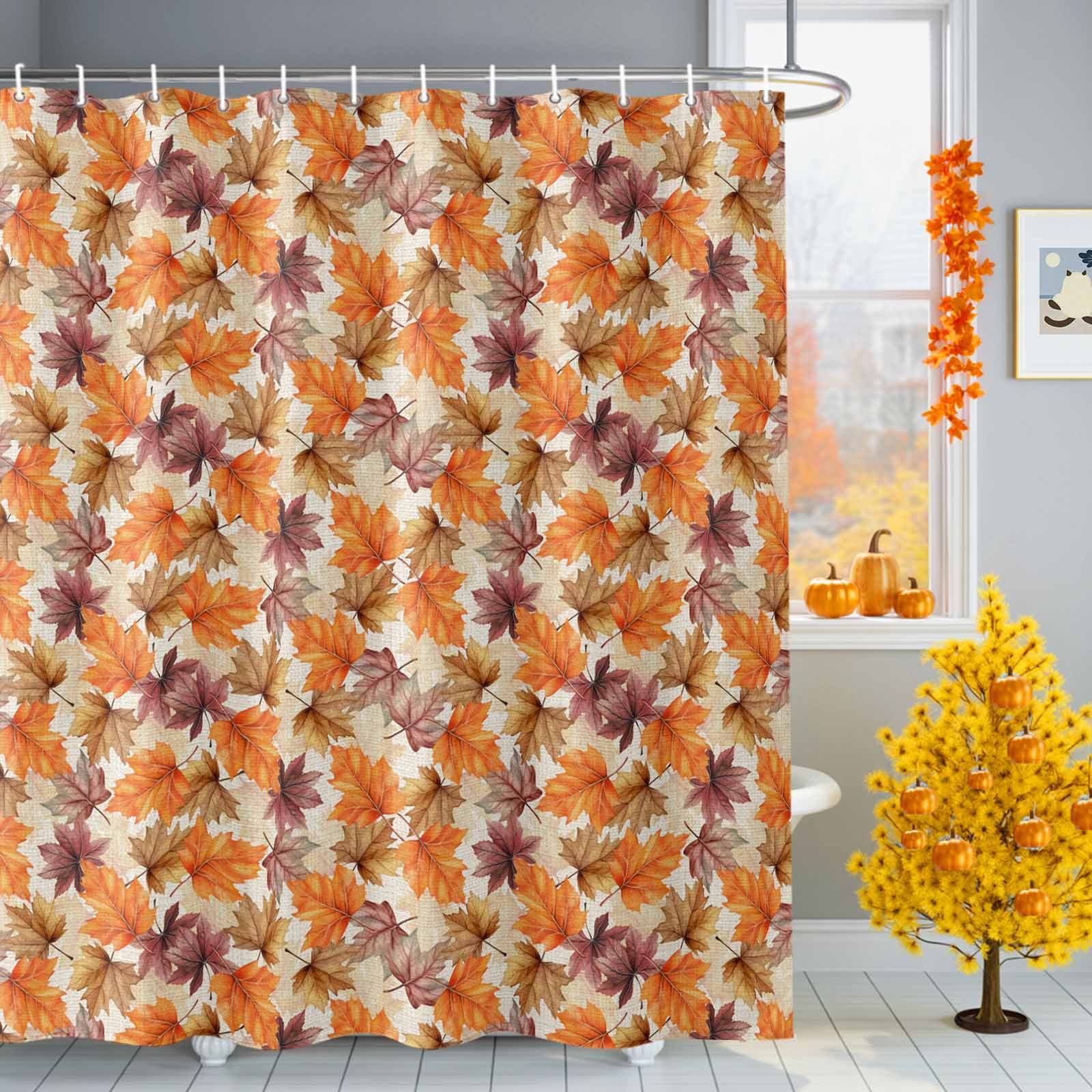 Autumn Orange Maple Leaf Seamless Shower Curtain for Bathroom, Falling ...