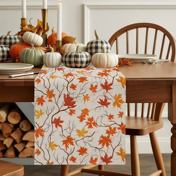 Autumn Orange Maple Leaves Table Runner 13x70in Non-Slip Cotton Linen ...