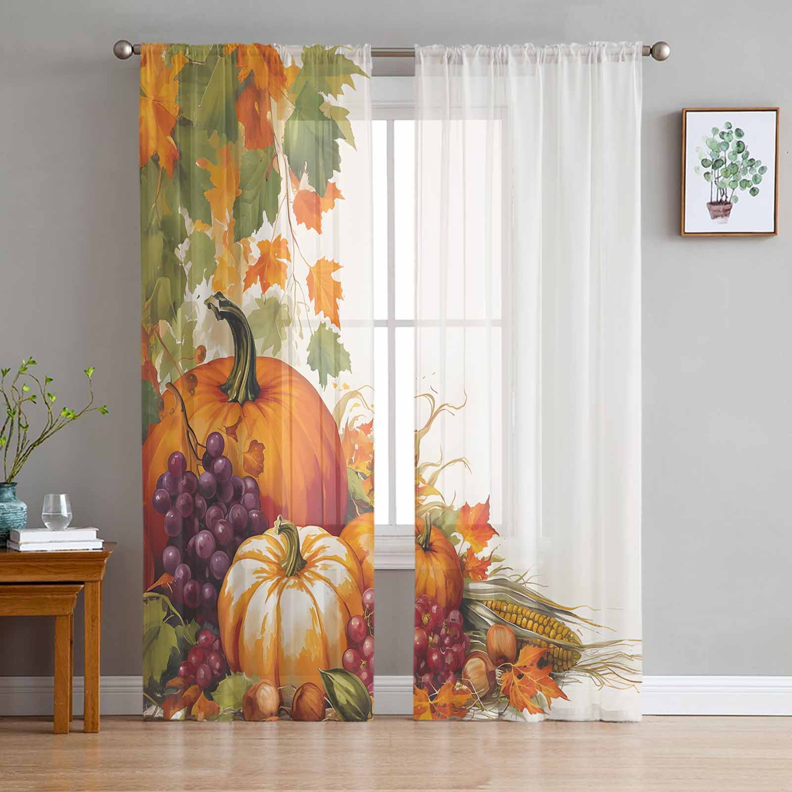 Autumn Orange Pumpkin Grape Maple Leaves Sheer Curtains for Living Room ...