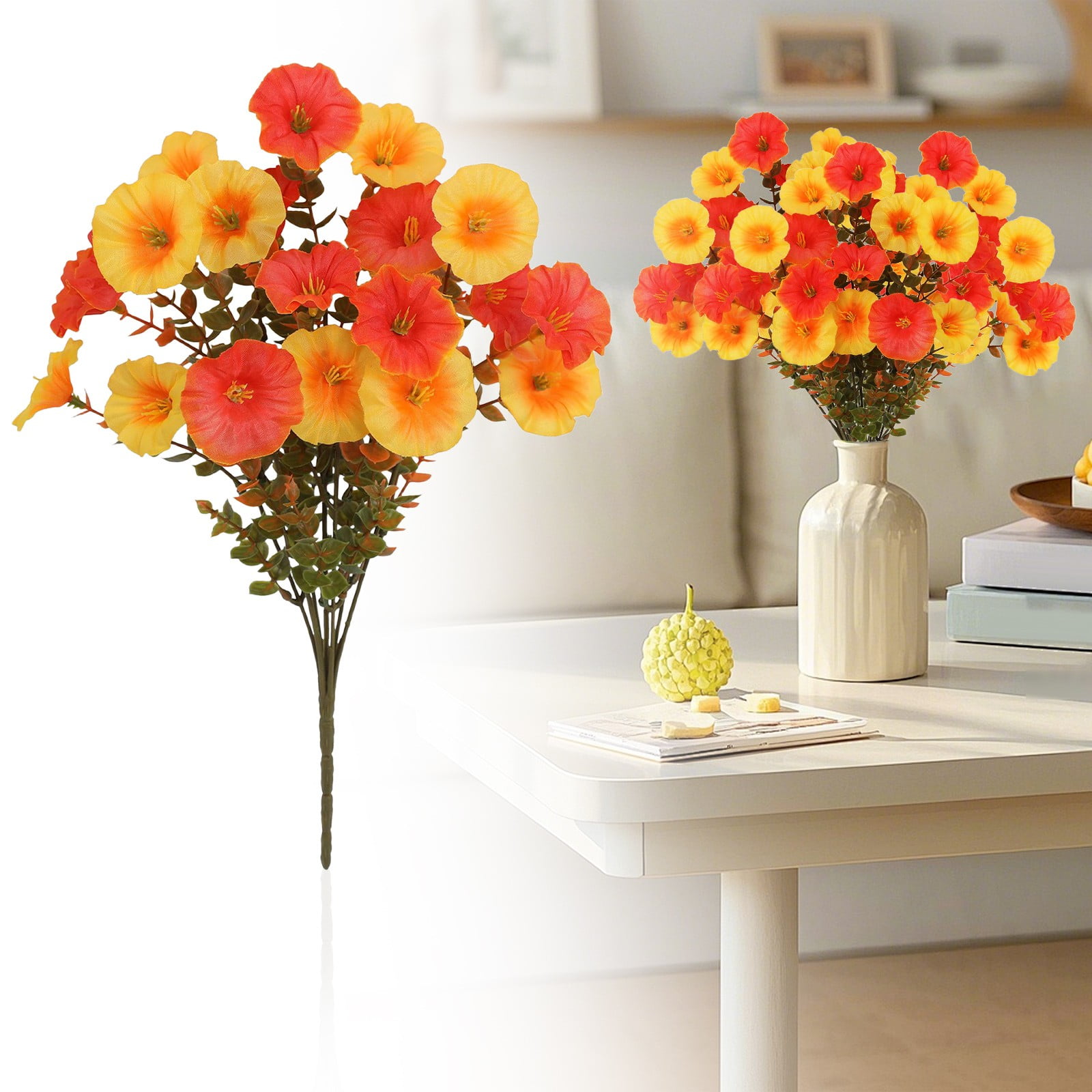 Autumn Orange Yellow Artificial Flowers with Eucalyptus, UV Resistant ...