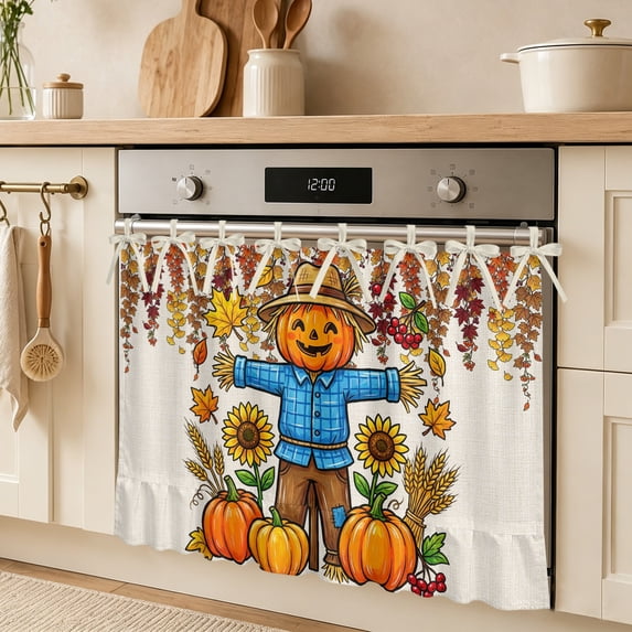 Autumn Oven Skirt Curtain, Harvest Cartoon Scerecrow Pumpkin Sunflower ...