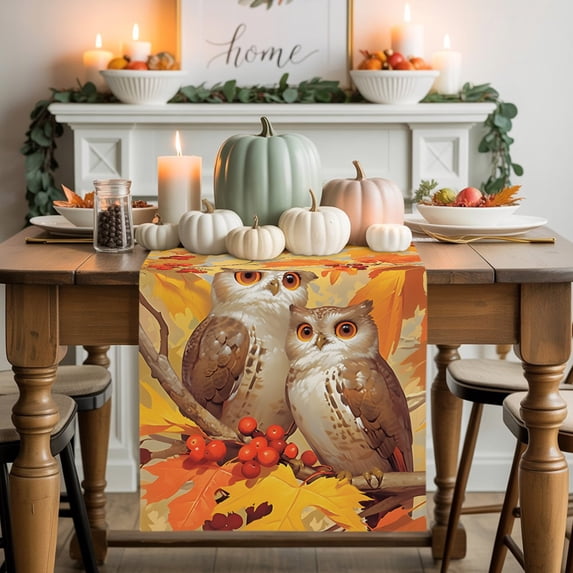 Autumn Owl Couple on Branch Table Runner 13x48in Non-Slip Cotton Linen ...