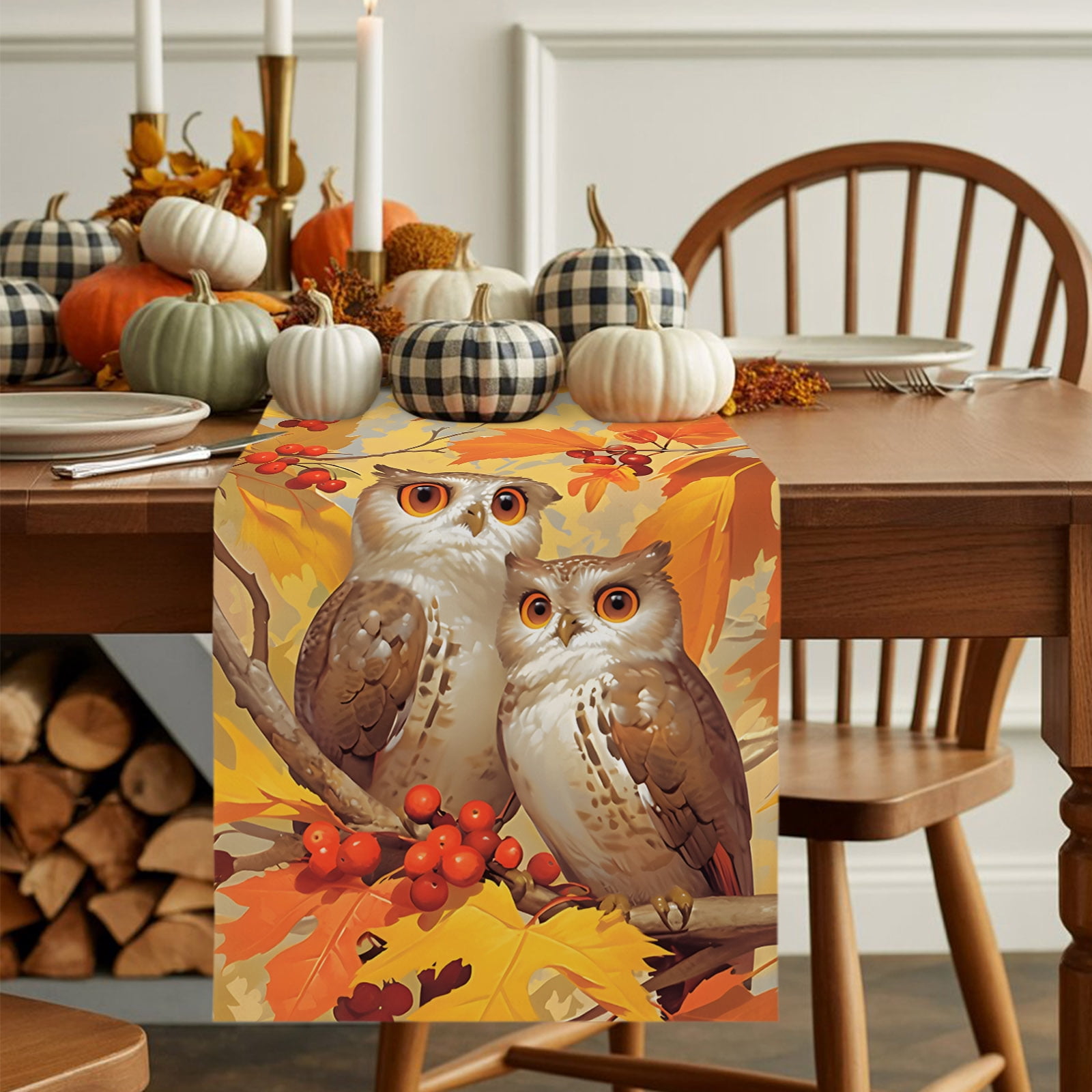 Autumn Owl Couple on Branch Table Runner 13x70in Non-Slip Cotton Linen ...