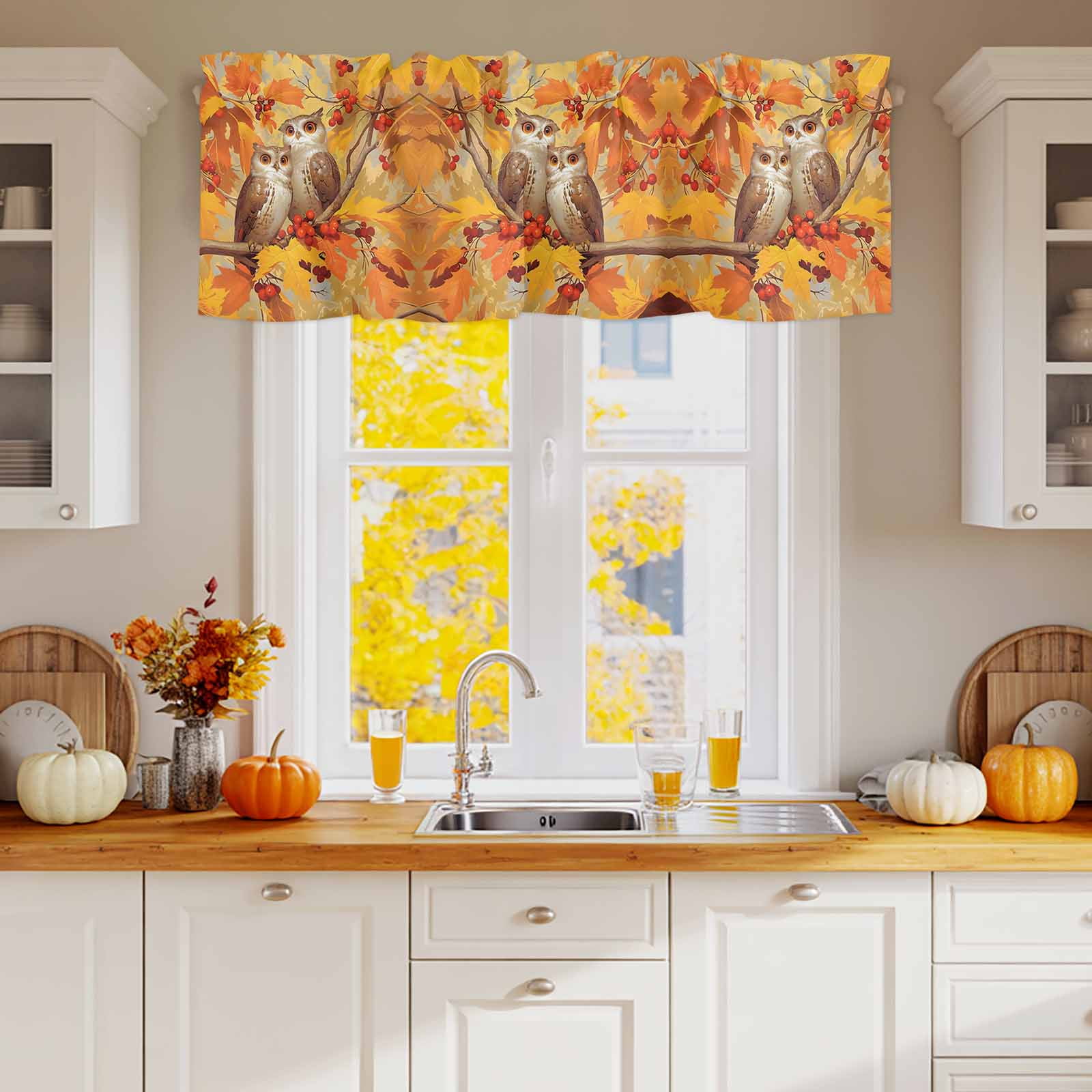 Autumn Owl Couple on Branch Valances for Windows,Kitchen Valance Rod ...