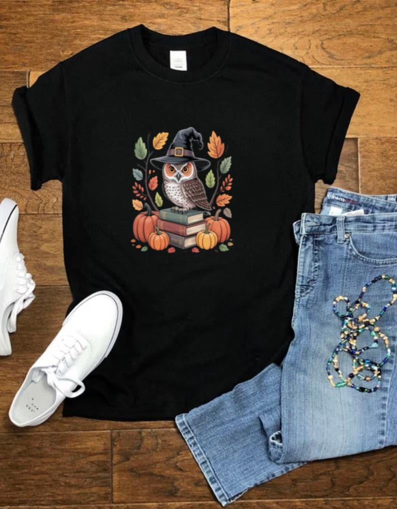 Autumn Owl Scholar Witch Hat Books Pumpkin Lore Creepy Halloween Unisex ...