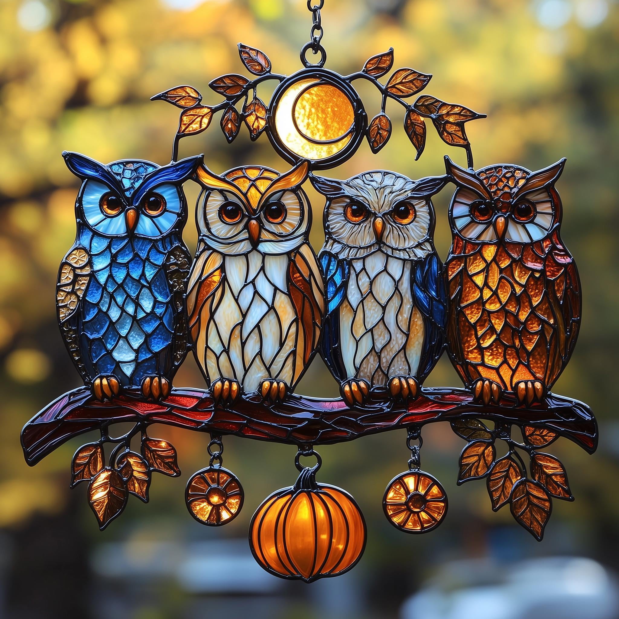 Autumn Owls Acrylic Suncatcher Four Owl Branch Faux Stained Glass ...