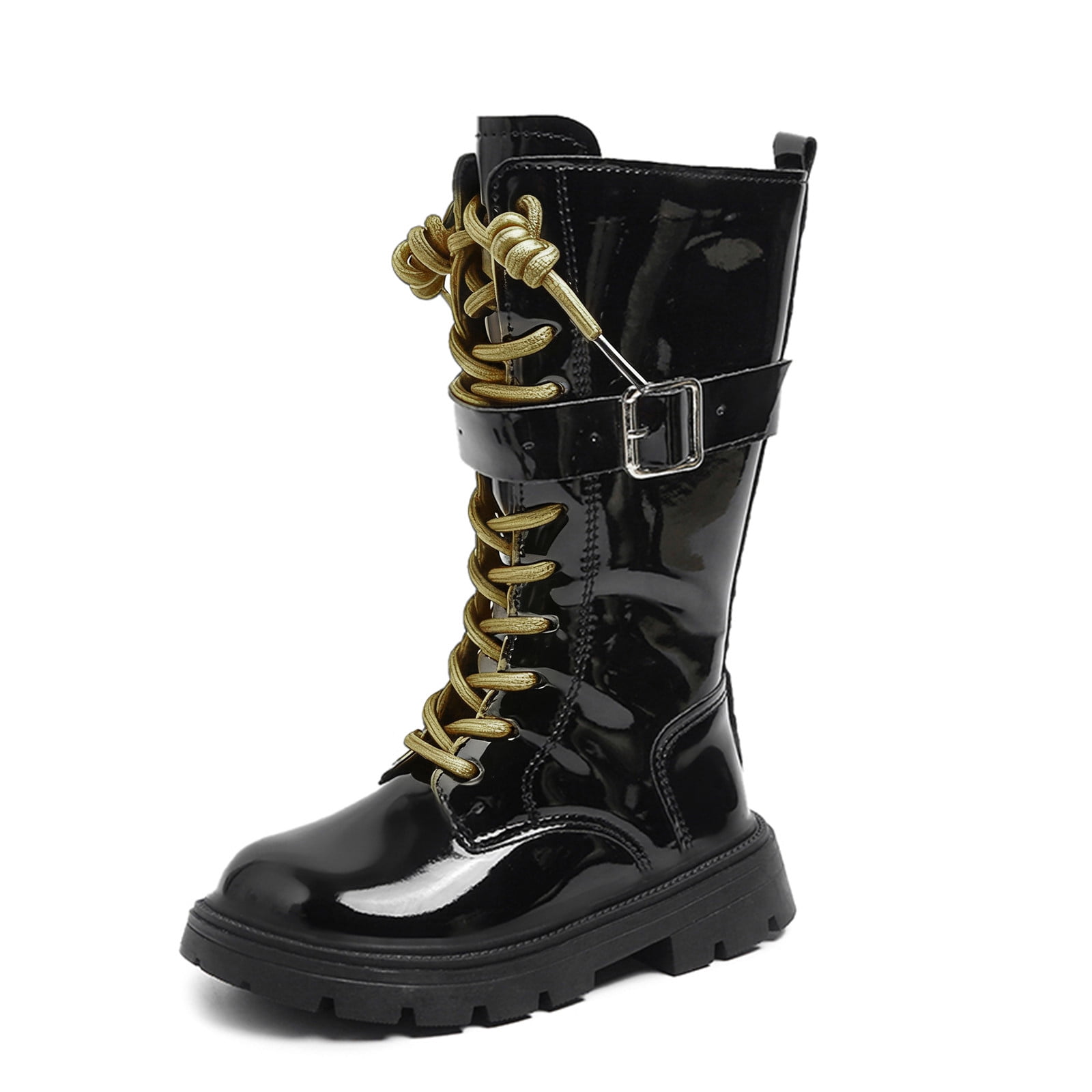 Autumn PU Leather Boots for Girls with Gold Lace-Up Detail and Stable ...