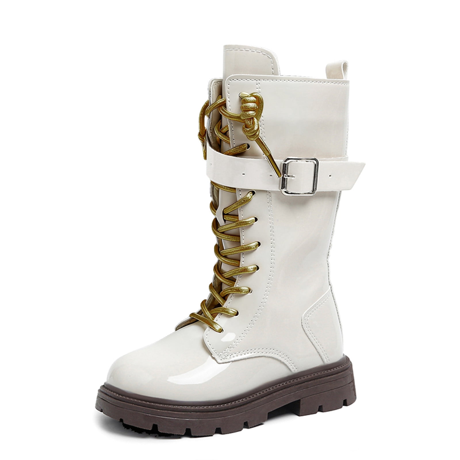 Autumn PU Leather Boots for Girls with Gold Lace-Up Detail and Stable ...