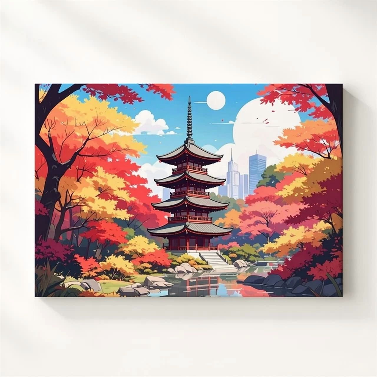 Autumn Pagoda Reflection Poster Colorful Japanese Fall Landscape Art ...