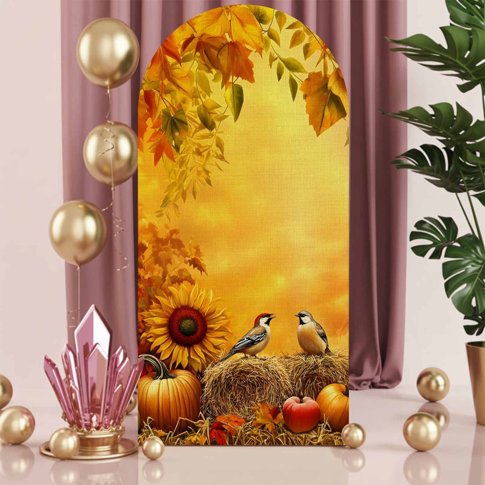 Autumn Pastoral Sunflower Bird Pumpkin Arch Backdrop Cover Stretchy ...