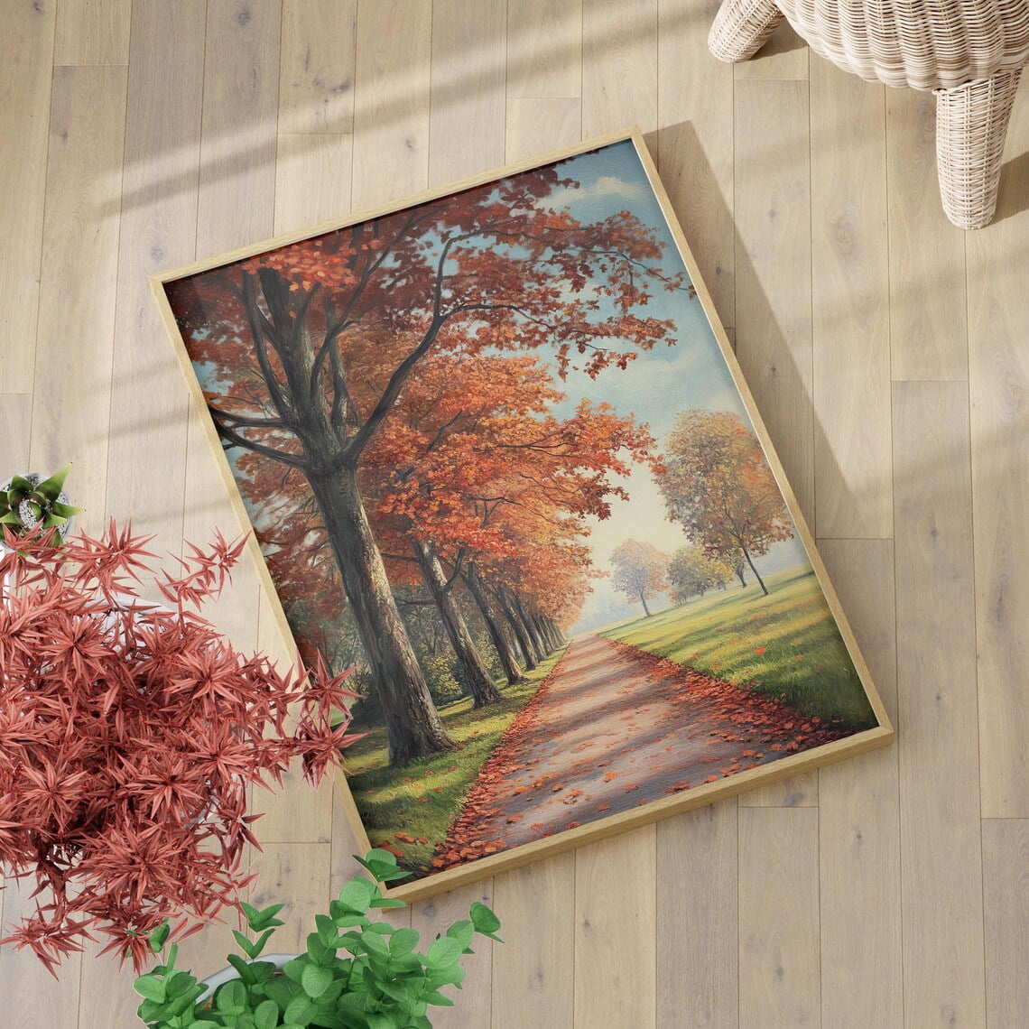 Autumn Path Red Trees Poster Or Print, Vibrant Fall Landscape Sunlit ...