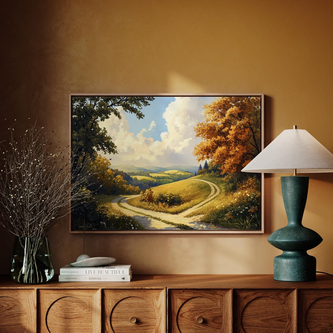 Autumn Pathway Wall Art - Serene Golden Hills And Country Road ...